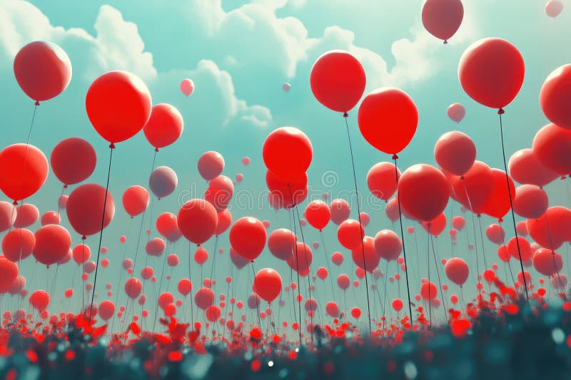 Red Balloons Rising Up into the Sky Stock Image - Image of party ...
