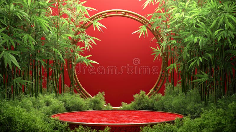 Red Bamboo Zen Garden with Circular Wooden Arch and Platform Stock ...