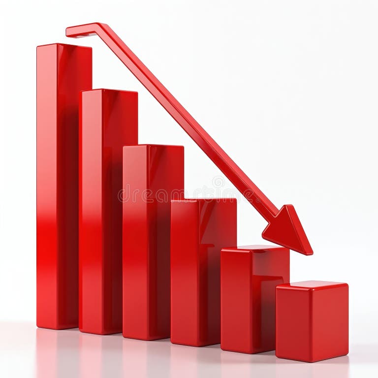Red Bar Graph Shows Decline with Downward Arrow, Representing Financial Loss. Business Failure ...