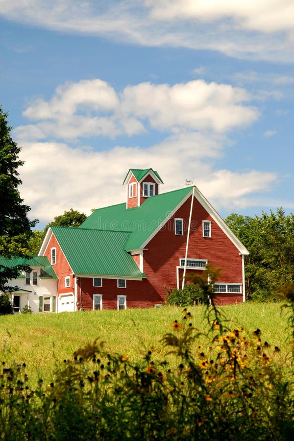 A Brightly Red Colored Barn with a Green Roof on a Summer Day. Stock ...