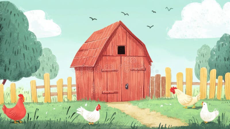 Red Barn and Chickens in a Pastoral Setting Stock Illustration ...