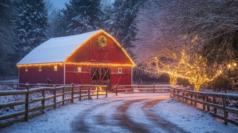 Red Barn Christmas Lights Winter Snow Scene Stock Illustration ...