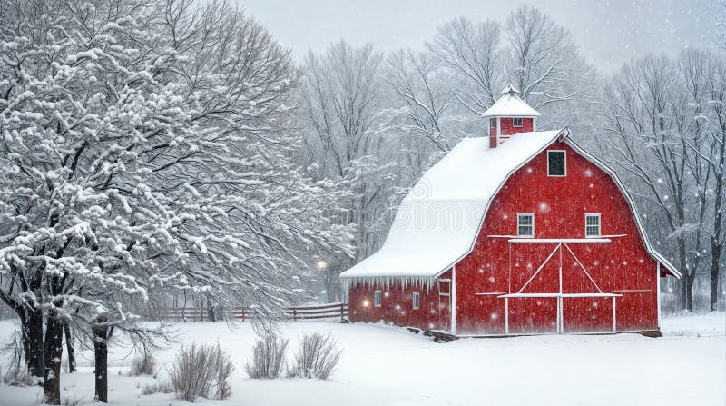 Red Barn Covered in Snow during a Snowfall in Winter Stock Image ...