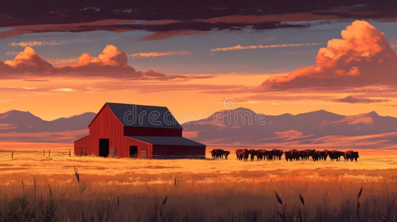 Red Barn, Cows, and Mountains at Sunset Stock Illustration ...