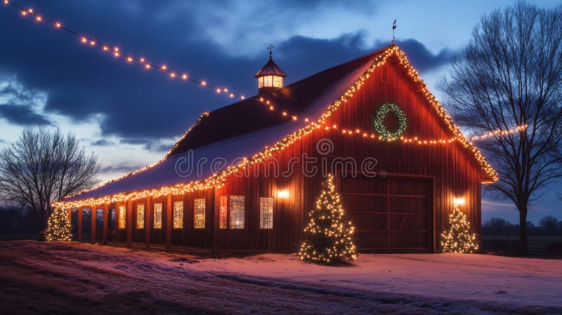 A Red Barn Decorated with Christmas Lights and Wreaths Stock ...