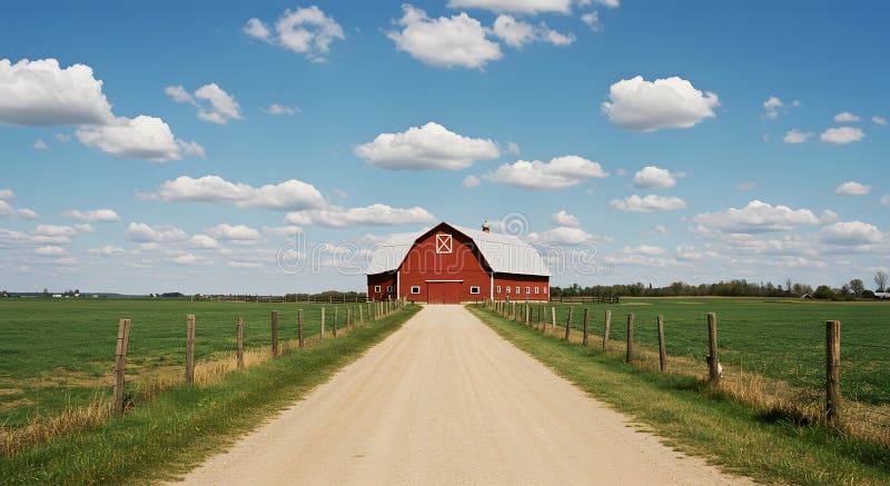 Red Barn in Empty Vast Green Field. AI Generated Stock Illustration ...