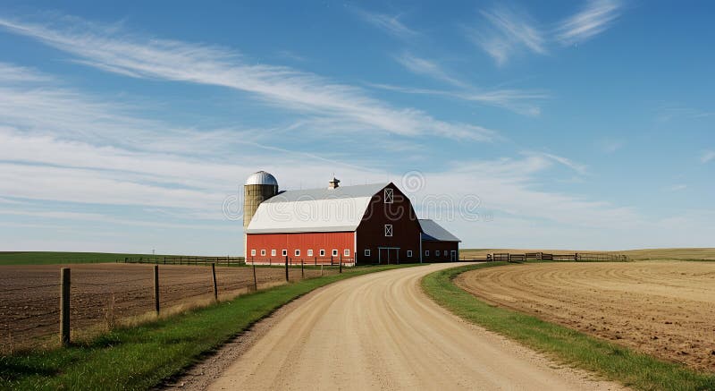 Red Barn in Empty Vast Green Field. AI Generated Stock Illustration ...