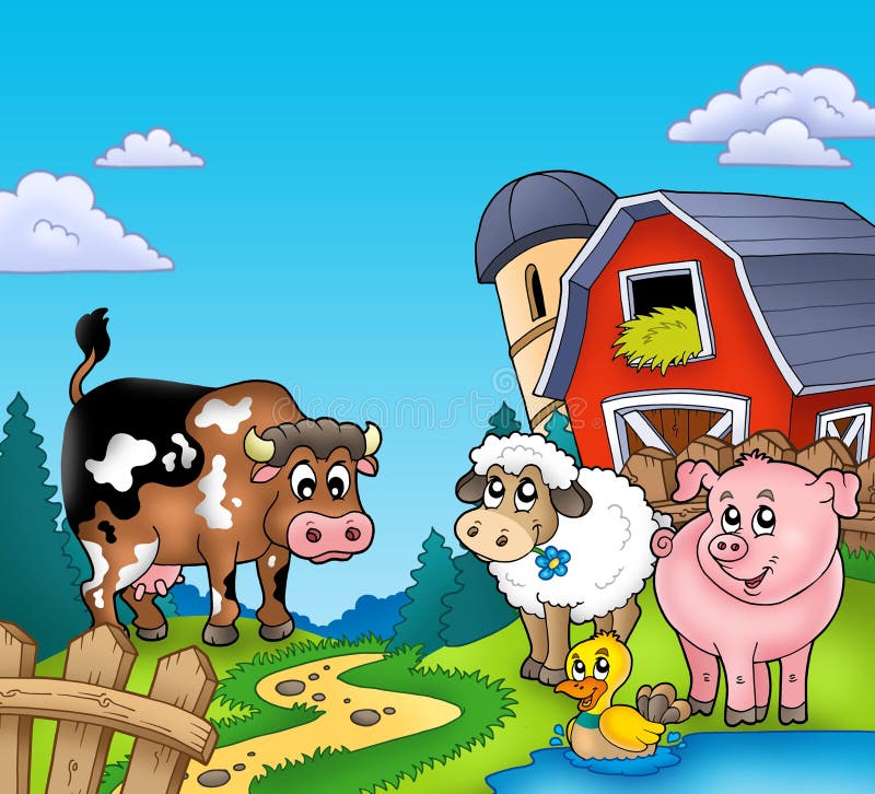 Red barn with farm animals stock illustration. Illustration of graphic ...