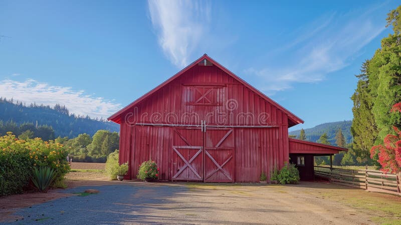Red barn on farm landscape stock illustration. Illustration of siding ...
