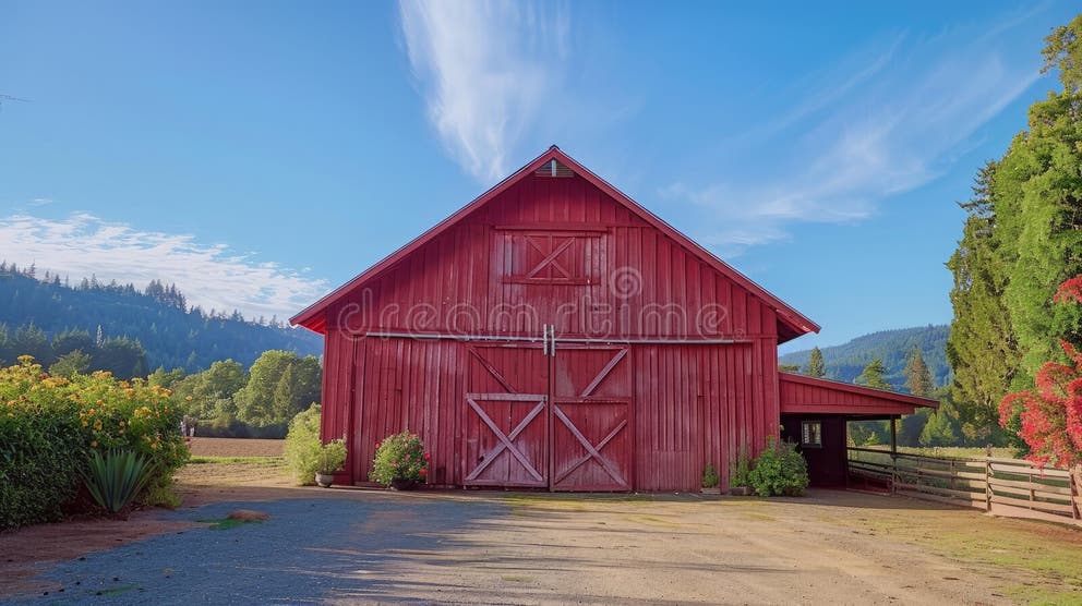 Red barn on farm landscape stock illustration. Illustration of siding ...