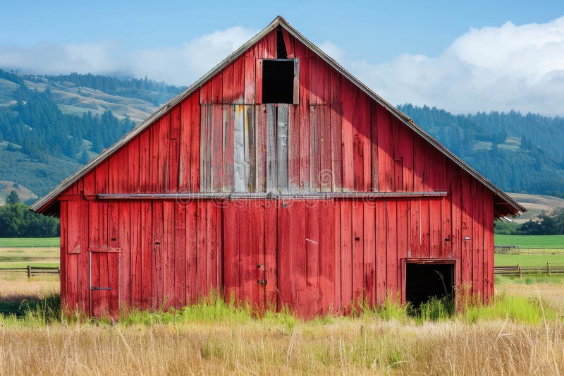 Red barn on farm landscape stock illustration. Illustration of hill ...