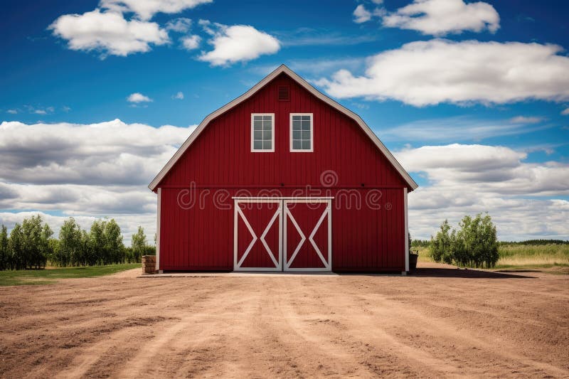 Red barn on farm landscape stock illustration. Illustration of people ...