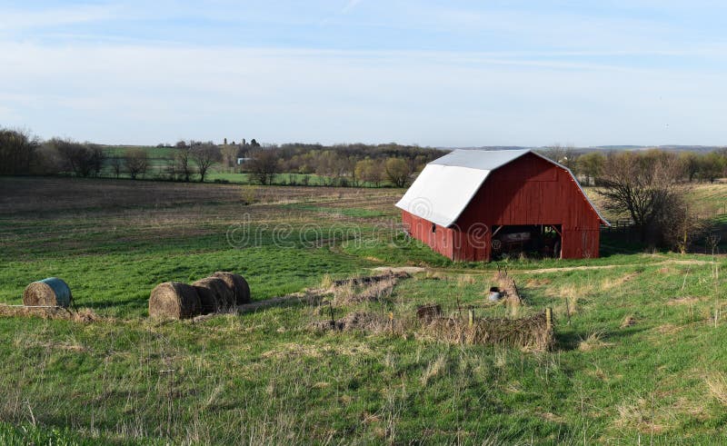 Red Barn in a Field on a Sunny Spring Morning Stock Image - Image of ...