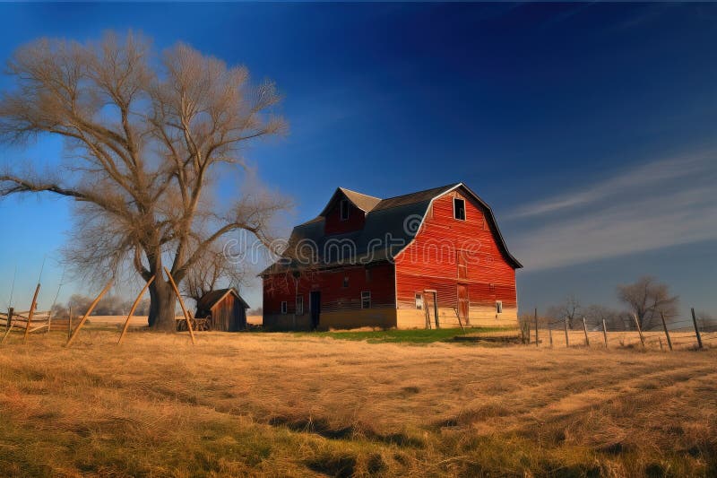 A Red Barn in a Field with a Tree in the Foreground and a Blue Sky in ...