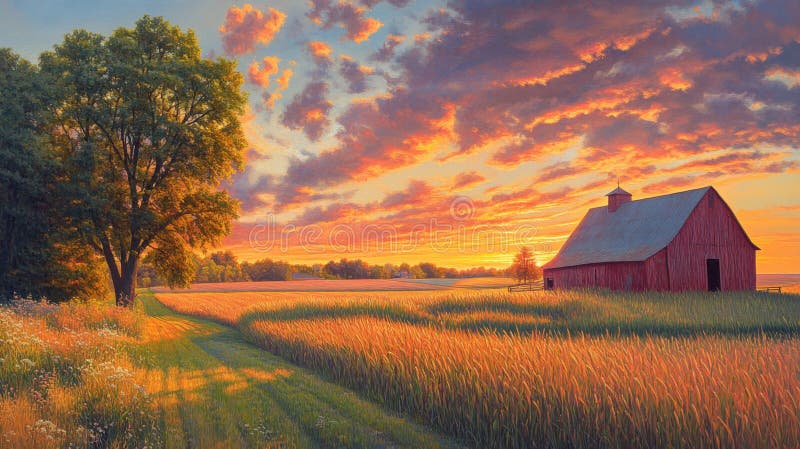 Red Barn in a Golden Wheat Field at Sunset Stock Illustration ...