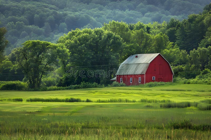 Red Barn in a Green Field Photo Stock Illustration - Illustration of ...