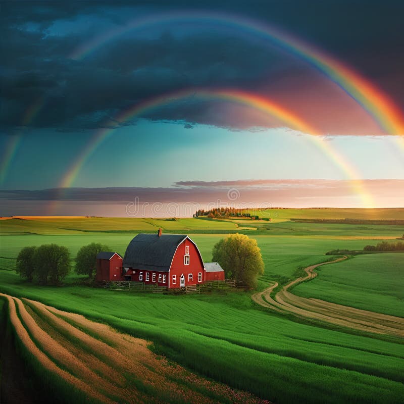 Red Barn on a Green Field with a Rainbow after the Rain. Stock ...