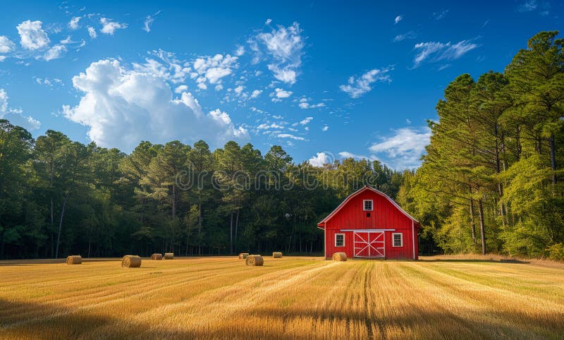 Red Barn and Hay Bales on Farm Field in the Rural Stock Image - Image ...