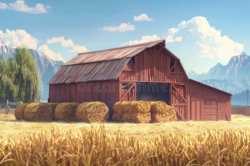 Red Barn with Hay Bales in a Field Stock Photo - Image of barn, crops ...