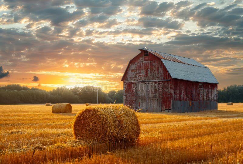 Red Barn and Hay Bales Sit in Field at Sunset Stock Image - Image of ...