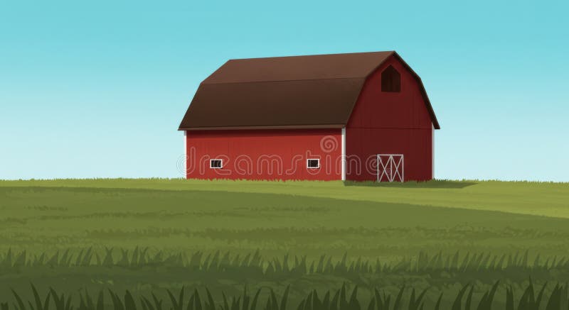 Red Barn on Lush Green Field Under Clear Blue Sky Stock Image - Image ...