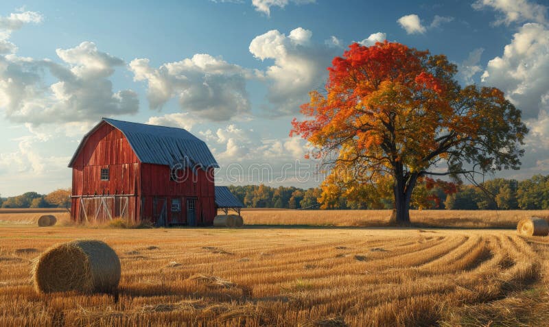 Red Barn and Maple Tree in the Fall on Farm Stock Photo - Image of ...