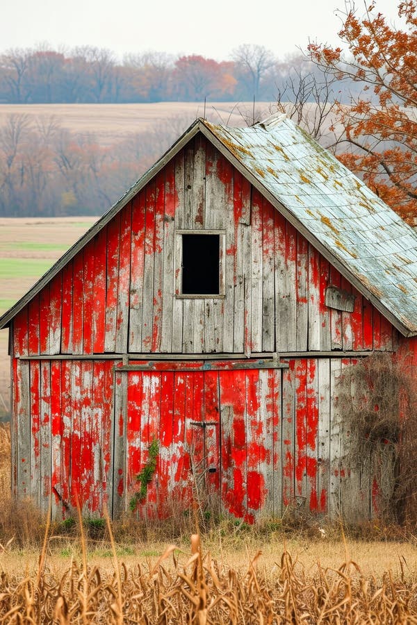Red Barn with Mossy Roof in Open Field. Generative AI Stock Image ...