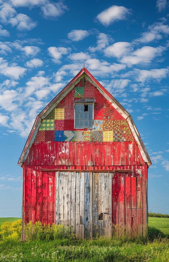 Red Barn with Patchwork Design Stock Image - Image of barn, door: 327429307