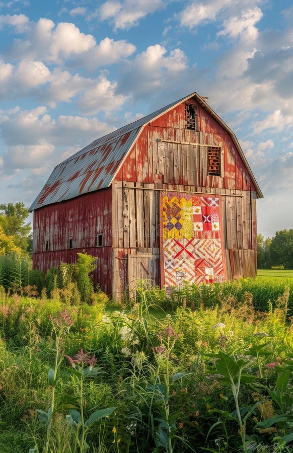 Red Barn with Patchwork Design Stock Image - Image of countryside ...