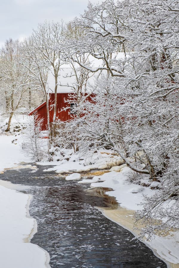 Red Barn by a River in a Wintry Landscape Stock Image - Image of rocks ...