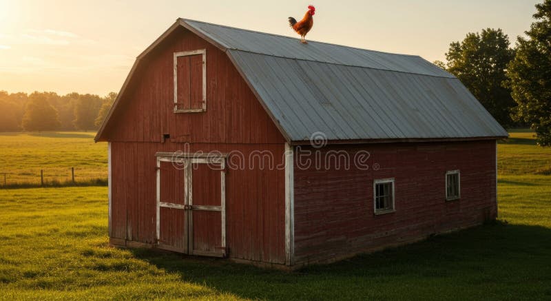 Red Barn with Rooster at Sunrise in a Green Field Stock Illustration ...