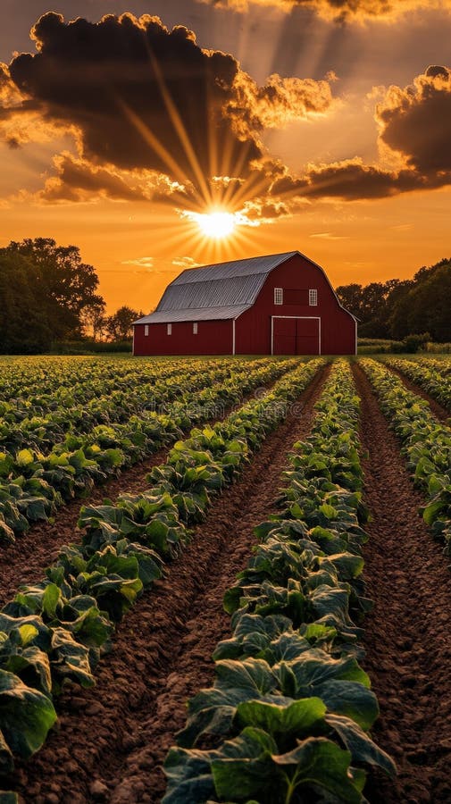 Red Barn with Rows of Crops at Sunset, Sun Rays through Clouds ...