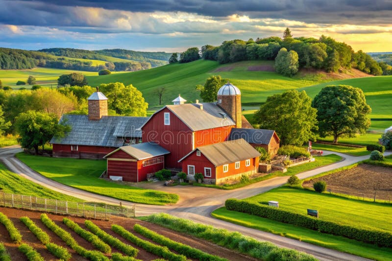 Traditional Farm with Open Fields Stock Illustration - Illustration of ...