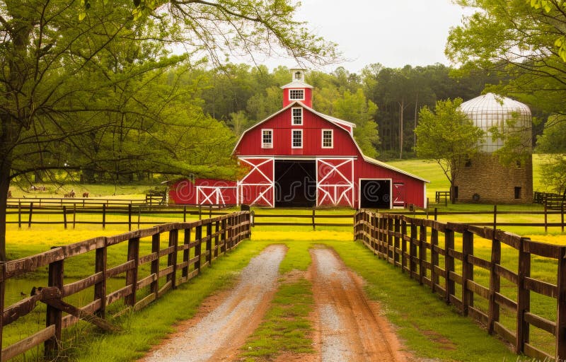 Red Barn and Silo Sit on Farm in the Country. Stock Image - Image of ...