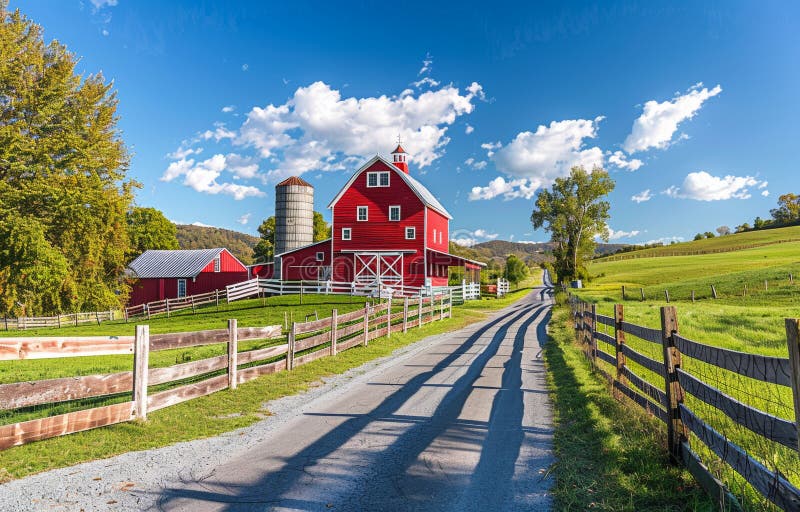 Red Barn and Silos Along Country Road in Rural Stock Photo - Image of ...