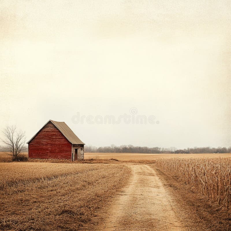 Red Barn Sits in a Field of Corn Stock Illustration - Illustration of ...