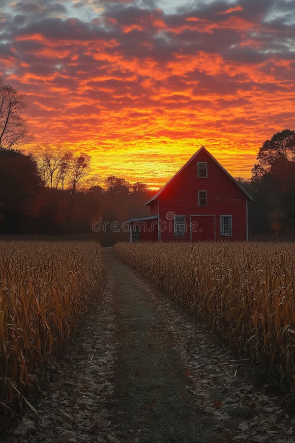 A Red Barn Sits in a Field of Corn. the Sun is Setting, Casting a Warm ...