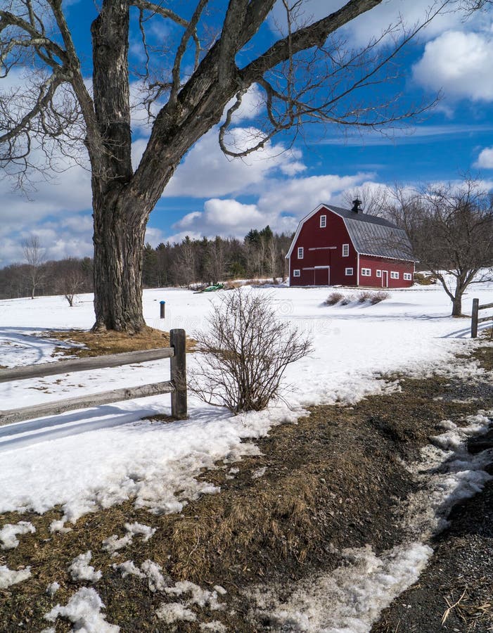 New England Farm in Winter with Red Barn Stock Photo - Image of england ...