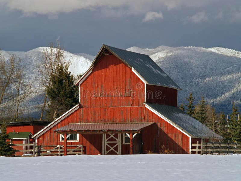Red Barn and Snowy Mountains Stock Photo - Image of barn, farm: 4561688