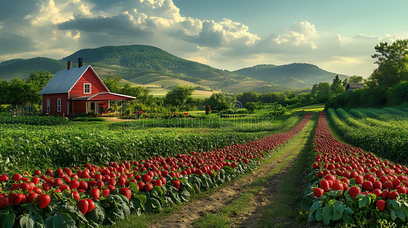 Red Barn, Strawberry Farm, Rural Landscape, Sunset Stock Illustration ...