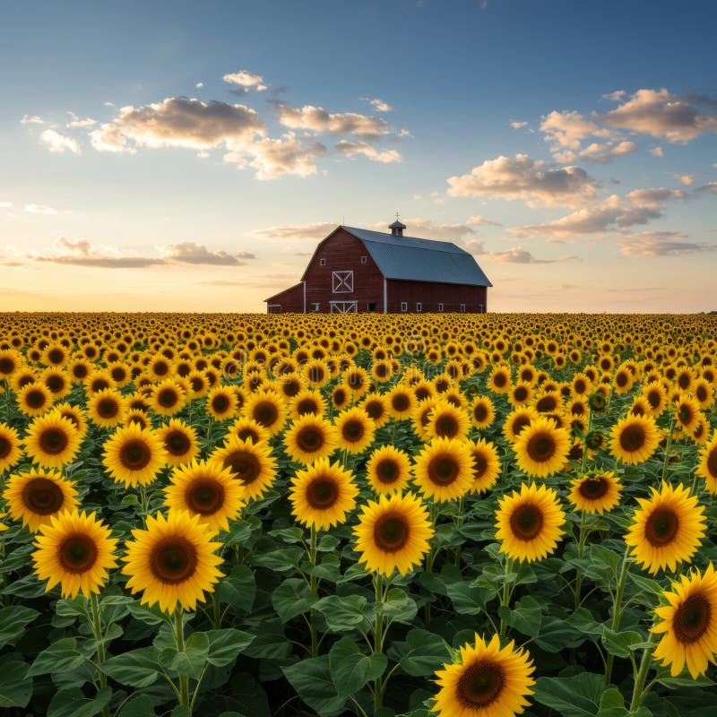 Red Barn in a Sunflower Field at Sunset Stock Illustration ...