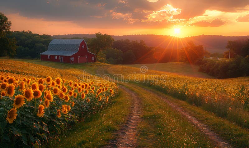 Red Barn and Sunflowers in Field at Sunset Stock Image - Image of ...
