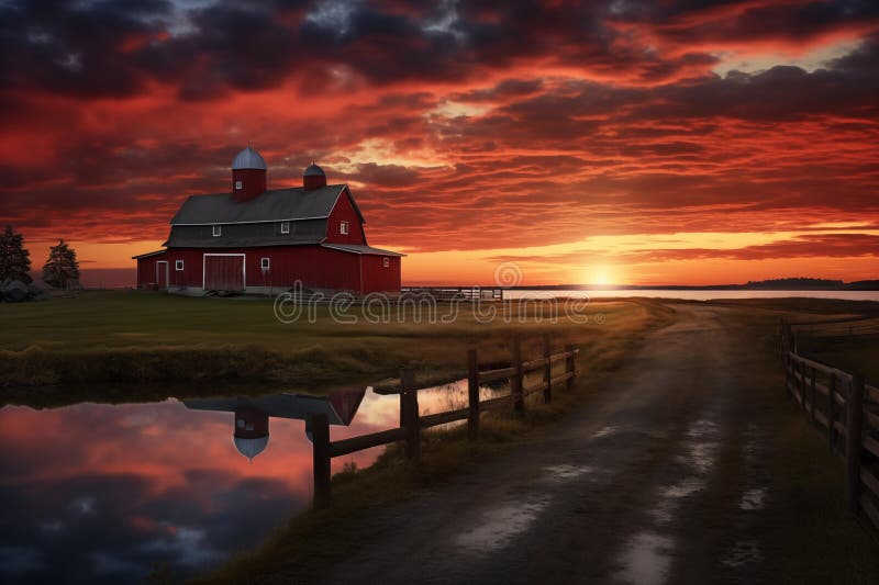 Red Barn at Sunset in the Countryside with a Reflection in the Water ...