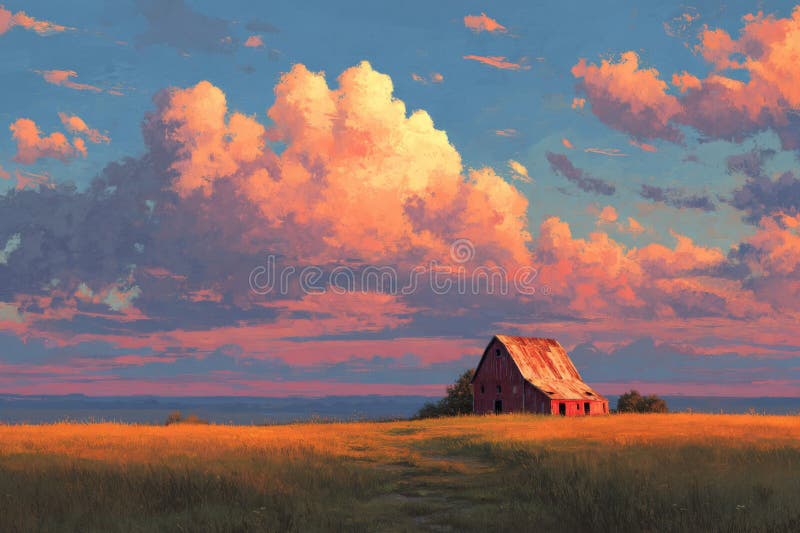 Red Barn at Sunset in a Golden Field Stock Illustration - Illustration ...