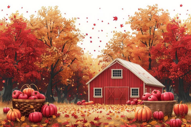 Red Barn Surrounded by Pumpkins and Apple Baskets in an Autumn Forest ...