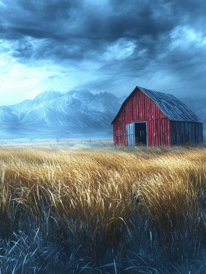 Red Barn in Tall Grass Field Stock Image - Image of landscape, country ...