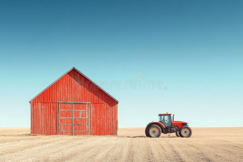 Red Barn and Tractor Working in a Dry Field, Representing Agriculture ...