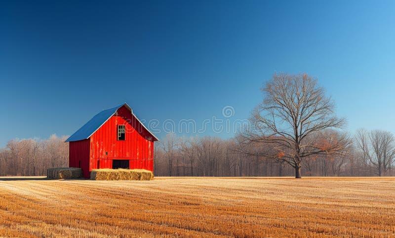 Red Barn and Tree in Field on Sunny Day in the Fall. a Red Barn Stands ...