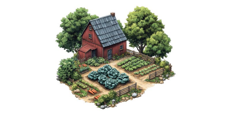 Red Barn with Vegetable Garden and Trees Isolated on Transparent ...