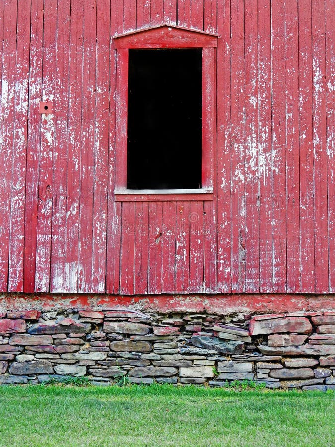 Historic Red Barn Wall Window Frame with Fieldstone Foundation and ...